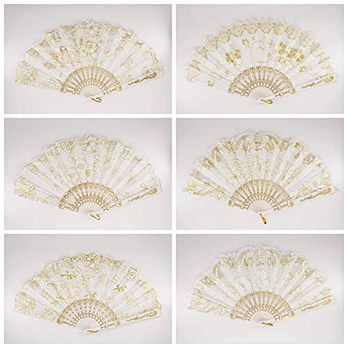 12 Pc Mix Spanish Style White and Gold Glitter Floral Pattern Folding Fan for Wedding Party Decor/Sweet 15 favors/Dancing Hand Fan/Table Setting/Wall Decoration/Out Door Wedding/Wedding Gift