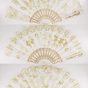 12 Pc Mix Spanish Style White and Gold Glitter Floral Pattern Folding Fan for Wedding Party Decor/Sweet 15 favors/Dancing Hand Fan/Table Setting/Wall Decoration/Out Door Wedding/Wedding Gift