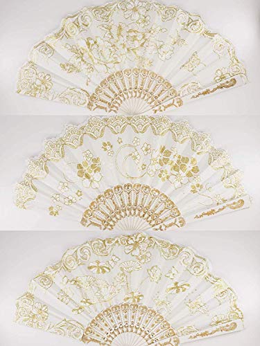 12 Pc Mix Spanish Style White and Gold Glitter Floral Pattern Folding Fan for Wedding Party Decor/Sweet 15 favors/Dancing Hand Fan/Table Setting/Wall Decoration/Out Door Wedding/Wedding Gift