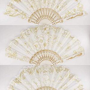 12 Pc Mix Spanish Style White and Gold Glitter Floral Pattern Folding Fan for Wedding Party Decor/Sweet 15 favors/Dancing Hand Fan/Table Setting/Wall Decoration/Out Door Wedding/Wedding Gift