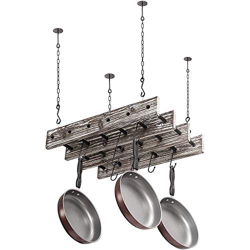 MyGift Ceiling-Mounted Pot and Pan Holder, Torched Wood and Metal Piping Hanging Storage Rack with 8 Hooks