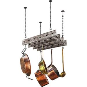 MyGift Ceiling-Mounted Pot and Pan Holder, Torched Wood and Metal Piping Hanging Storage Rack with 8 Hooks