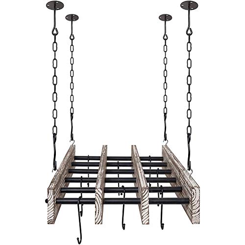 MyGift Ceiling-Mounted Pot and Pan Holder, Torched Wood and Metal Piping Hanging Storage Rack with 8 Hooks