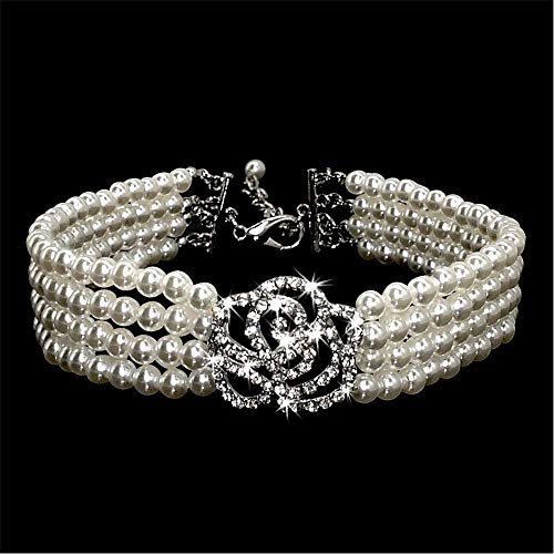 Dogs Kingdom Elegant Fancy Pearls Dog Cat Collar Small Dog Crystal Rose Flower Collar Pet Party Neck Grooming Jewelry Accessory,White,L:12-14" Neck