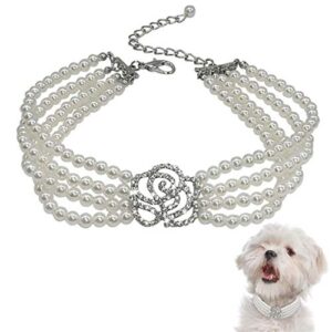 Dogs Kingdom Elegant Fancy Pearls Dog Cat Collar Small Dog Crystal Rose Flower Collar Pet Party Neck Grooming Jewelry Accessory,White,L:12-14" Neck