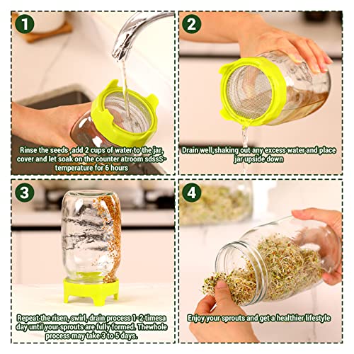 Sprouting lids, Plastic Sprout Lid with Stainless Steel Screen for Wide Mouth Mason Jars, Germination Kit Sprouter Sprout Maker with Stand Water Tray Grow Bean Sprouts, Broccoli Seeds, Alfalfa, Salad