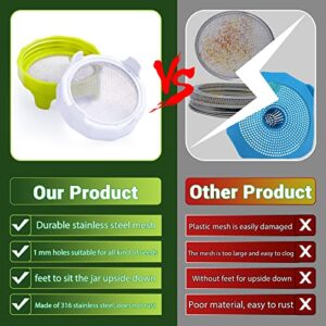 Sprouting lids, Plastic Sprout Lid with Stainless Steel Screen for Wide Mouth Mason Jars, Germination Kit Sprouter Sprout Maker with Stand Water Tray Grow Bean Sprouts, Broccoli Seeds, Alfalfa, Salad