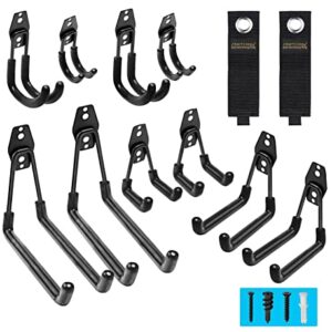 Garage Hooks, 12 Pack Wall Storage Hooks with 2 Extension Cord Storage Straps, Heavy Duty Tool Hangers for Utility Organizer, Wall Mount Holders for Garden Lawn Tools, Ladders Hanger, Bike (Black)