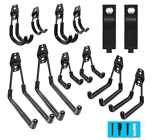 Garage Hooks, 12 Pack Wall Storage Hooks with 2 Extension Cord Storage Straps, Heavy Duty Tool Hangers for Utility Organizer, Wall Mount Holders for Garden Lawn Tools, Ladders Hanger, Bike (Black)