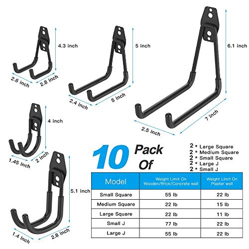 Garage Hooks, 12 Pack Wall Storage Hooks with 2 Extension Cord Storage Straps, Heavy Duty Tool Hangers for Utility Organizer, Wall Mount Holders for Garden Lawn Tools, Ladders Hanger, Bike (Black)