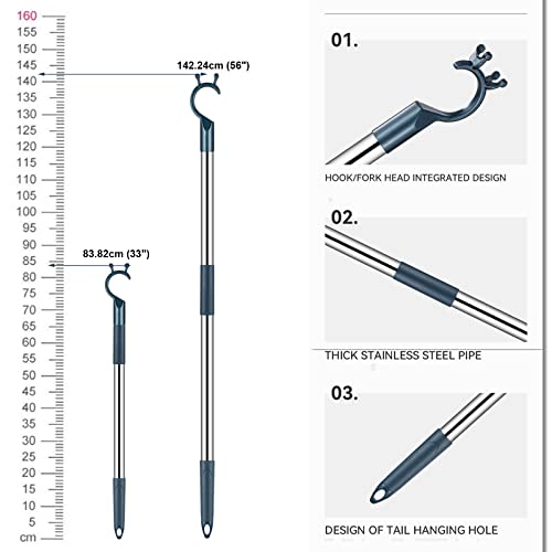 Reach Stick High Place Reaching Pole with Hook 56" Extendable Stainless Steel Reaching Tool Pole for High Place, Top Rod, Closet Shelf