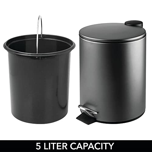 mDesign Metal 1.3 Gallon/5 Liter Round Step Trash Wastebasket, Garbage Container Bin with Lid for Bathroom, Powder Room, Bedroom, Kitchen, Craft Room, Office - Removable Liner Bucket - Black