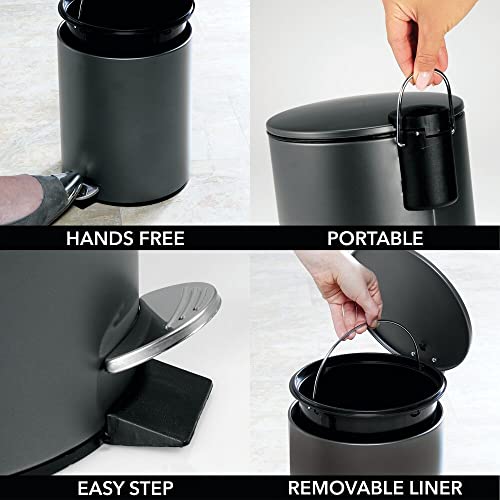 mDesign Metal 1.3 Gallon/5 Liter Round Step Trash Wastebasket, Garbage Container Bin with Lid for Bathroom, Powder Room, Bedroom, Kitchen, Craft Room, Office - Removable Liner Bucket - Black