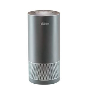 hunter hp400 round tower air purifier for small rooms features ecosilver pre-filter, true hepa filter, multiple fan speeds, soft touch digital control panel, sleep mode, timer, accent light