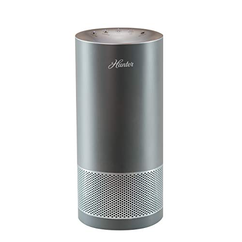 Hunter HP400 Round Tower Air Purifier for Small Rooms Features EcoSilver Pre-Filter, True HEPA Filter, Multiple Fan Speeds, Soft Touch Digital Control Panel, Sleep Mode, Timer, Accent Light