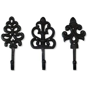 wallcharmers set of 3 rustic decorative wall hooks 8” | victorian shabby chic fleur de lis antique towel hooks for hanging | gothic cast iron farmhouse indoor outdoor key, dog leash, & towel hanger