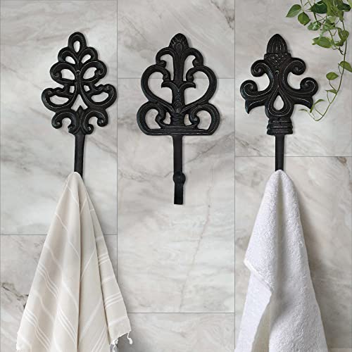 Wallcharmers Set of 3 Rustic Decorative Wall Hooks 8” | Victorian Shabby Chic Fleur De Lis Antique Towel Hooks for Hanging | Gothic Cast Iron Farmhouse Indoor Outdoor Key, Dog Leash, & Towel Hanger