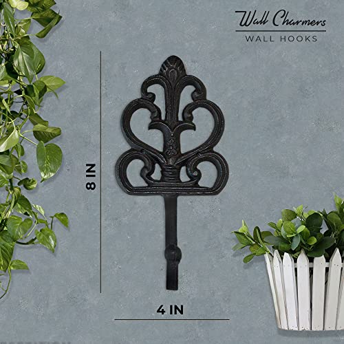 Wallcharmers Set of 3 Rustic Decorative Wall Hooks 8” | Victorian Shabby Chic Fleur De Lis Antique Towel Hooks for Hanging | Gothic Cast Iron Farmhouse Indoor Outdoor Key, Dog Leash, & Towel Hanger