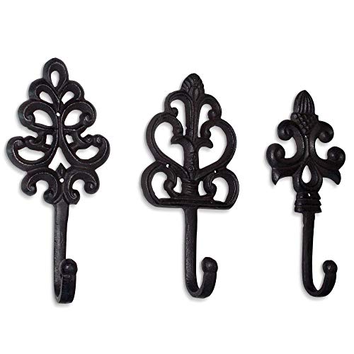 Wallcharmers Set of 3 Rustic Decorative Wall Hooks 8” | Victorian Shabby Chic Fleur De Lis Antique Towel Hooks for Hanging | Gothic Cast Iron Farmhouse Indoor Outdoor Key, Dog Leash, & Towel Hanger