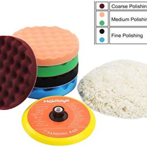 Makitoyo 7PCS 7 Inch Buffing Polishing Pads Kit,5pcs Polishing Sponge,1 pc Wool Pad,Waxing Buffing Pad Kit for Car