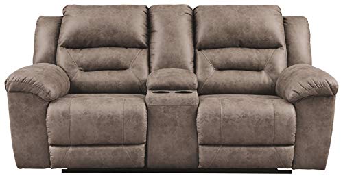 Signature Design by Ashley Stoneland Faux Leather Double Reclining Loveseat with Console Brown 1 Love Seats, Gray