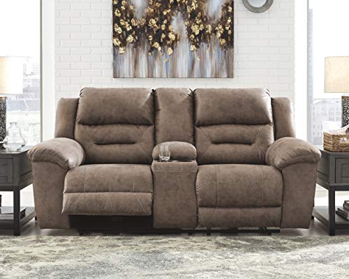 Signature Design by Ashley Stoneland Faux Leather Double Reclining Loveseat with Console Brown 1 Love Seats, Gray