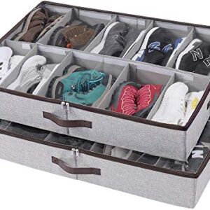 HOONEX Under Bed Shoe Storage Organizer with Adjustable Dividers, Shoe Holder with Leather Handles, 2 Pack, Store 24 Pairs, Grey