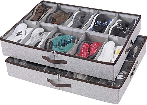 HOONEX Under Bed Shoe Storage Organizer with Adjustable Dividers, Shoe Holder with Leather Handles, 2 Pack, Store 24 Pairs, Grey