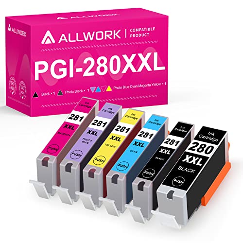 ALLWORK Compatible PGI 280XXL CLI 281XXL Ink Cartridges Replacement for Canon 280 281 XXL Works with Canon Pixma TR7520 TS9120 TS8120 TR8520 (PGBK, Black, Photo Blue, Cyan, Magenta, Yellow) 6 Pack