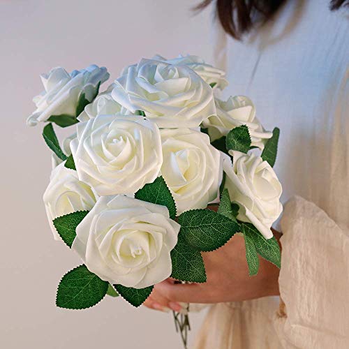 Mocoosy 50Pcs Artificial Flowers Rose, Ivory White Fake Roses for Decorations, Real Looking Foam Rose Bulk with Stems for DIY Wedding Bouquets Bridal Shower Mothers Day Party Home Decor