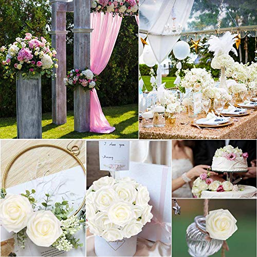 Mocoosy 50Pcs Artificial Flowers Rose, Ivory White Fake Roses for Decorations, Real Looking Foam Rose Bulk with Stems for DIY Wedding Bouquets Bridal Shower Mothers Day Party Home Decor