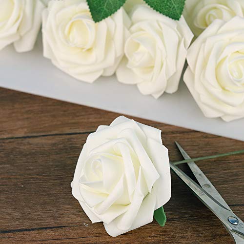 Mocoosy 50Pcs Artificial Flowers Rose, Ivory White Fake Roses for Decorations, Real Looking Foam Rose Bulk with Stems for DIY Wedding Bouquets Bridal Shower Mothers Day Party Home Decor