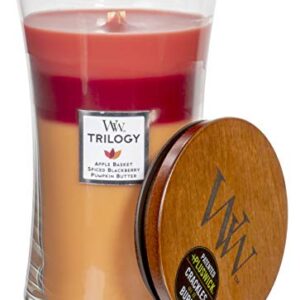 WoodWick Trilogy Autumn Harvest - Apple Basket, Spiced BlackBerry, Pumpkin Butter Scented Crackling Wooden Wick Hourglass Candle in Clear Glass Jar, Large - 21.5 Oz