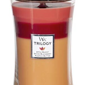 WoodWick Trilogy Autumn Harvest - Apple Basket, Spiced BlackBerry, Pumpkin Butter Scented Crackling Wooden Wick Hourglass Candle in Clear Glass Jar, Large - 21.5 Oz