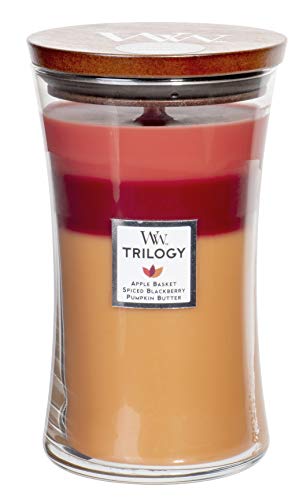 WoodWick Trilogy Autumn Harvest - Apple Basket, Spiced BlackBerry, Pumpkin Butter Scented Crackling Wooden Wick Hourglass Candle in Clear Glass Jar, Large - 21.5 Oz