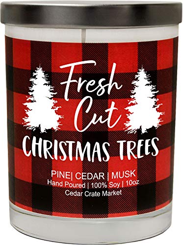 Fresh Cut Christmas Trees, Pine, Cedar, Musk, Buffalo Plaid Christmas Scented Soy Candle, 10 Oz. Candle, Made in The USA, Decorative Holiday Candles, Best Smelling Christmas Candles for Home