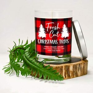 Fresh Cut Christmas Trees, Pine, Cedar, Musk, Buffalo Plaid Christmas Scented Soy Candle, 10 Oz. Candle, Made in The USA, Decorative Holiday Candles, Best Smelling Christmas Candles for Home