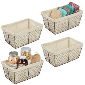 mdesign medium metal farmhouse home storage organizer basket - chicken wire design, fabric liner for kitchen, bathroom, living room, pantry, cupboard, shelves, countertop - 4 pack - bronze/natural