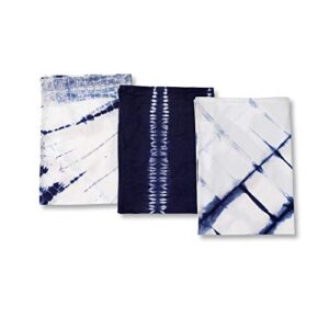 folkulture kitchen towels or dish towels, 18 x 26 inches tea towels or dish cloths with corner hanging loop, set of 3 cotton dish rags for kitchen décor, indigo blue shibori