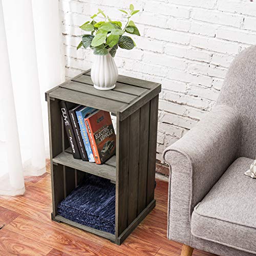 MyGift Dark Gray Solid Wood Small End Table Side Table, 2 Tier Crate Design Nightstand Storage Display Shelf Organizer Accent Furniture