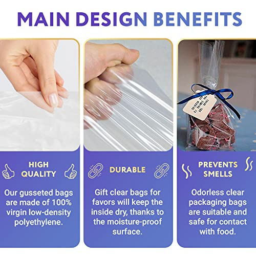 APQ Clear Gusseted Poly Bags 5 x 3 x 15 Inch, Pack of 100 Plastic Bread Bags, 2 Mil Thick Open Top Clear Plastic Bags for Packaging, Waterproof Clear Treat Bags for Bread, Cookies, Candies