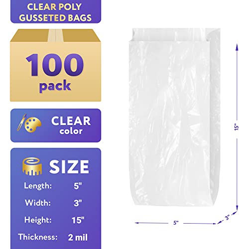 APQ Clear Gusseted Poly Bags 5 x 3 x 15 Inch, Pack of 100 Plastic Bread Bags, 2 Mil Thick Open Top Clear Plastic Bags for Packaging, Waterproof Clear Treat Bags for Bread, Cookies, Candies