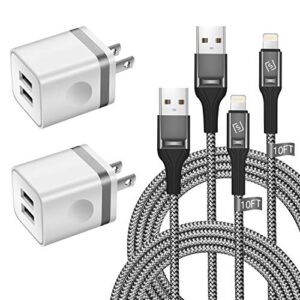 WHIRELEAST iPhone Charger Cable 10 FT with Wall Plug, Braided Long iPhone Charging Cord + Dual USB Wall Charger Block Adapter Compatible with iPhone 12/11/11 Pro Max/XS/XR/X/8/7/6 Plus, iPad (4-Pack)