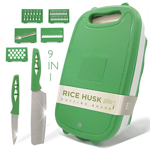 Kitchen Cutting Board with 9-in-1 Multi-Functionality from Rice Husk – Durable, Collapsible, Space Saving Chopping Board that Slices, Dices and Strains – Complete with Knife Set and Dishwasher Safe