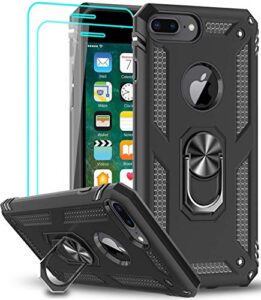 leyi compatible for iphone 8 plus case, iphone 7 plus case, iphone 6 plus case with tempered glass screen protector [2 pack], military-grade phone case with kickstand ring for iphone 6s plus, black