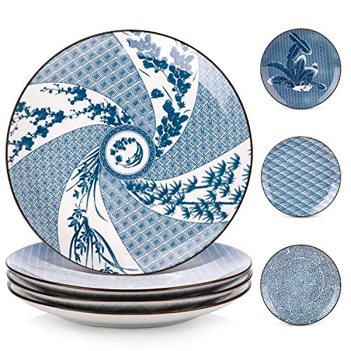 Y YHY 10 Inch Ceramic Dinner Plates, Serving Plates for Christmas & Thanksgiving Dinner, Porcelain Dinner Plates Set of 4, Microwave & Dishwasher Safe, Blue and White - 4 Pattern