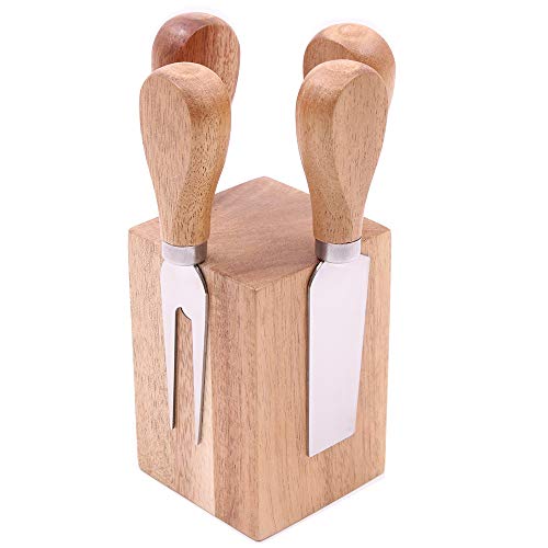 olelo 4 Pieces Cheese Knives Set Includes 4 Stainless Steel Cheese Slicer Cheese Cutter with Wooden Handle & 1 Wooden Magnetic Block Stand…