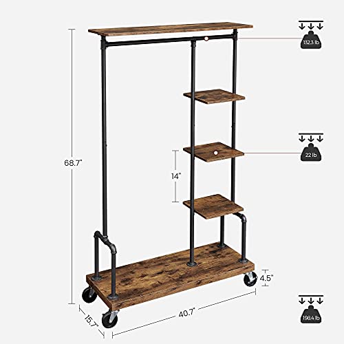 VASAGLE Clothes Rack, Clothing Garment Rack on Wheels, Rolling Clothes Organizer with 5-Tier, Industrial Pipe Style, Rustic Brown UHSR66BX