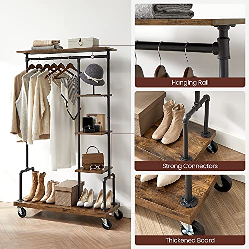 VASAGLE Clothes Rack, Clothing Garment Rack on Wheels, Rolling Clothes Organizer with 5-Tier, Industrial Pipe Style, Rustic Brown UHSR66BX