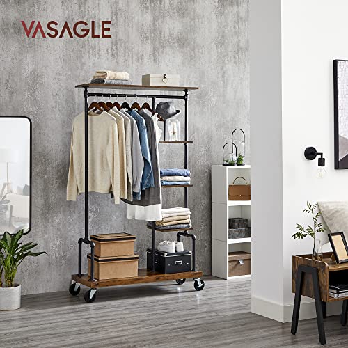 VASAGLE Clothes Rack, Clothing Garment Rack on Wheels, Rolling Clothes Organizer with 5-Tier, Industrial Pipe Style, Rustic Brown UHSR66BX